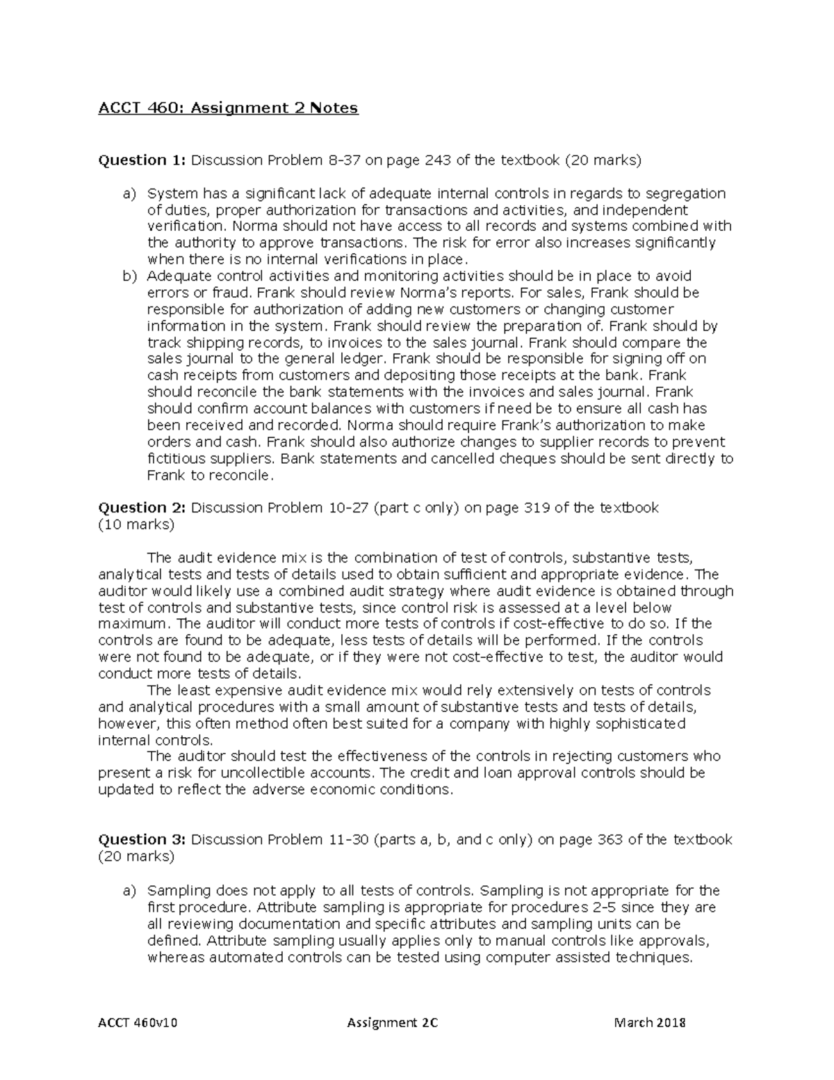 Assignment 2 notes - ACCT 460: Assignment 2 Notes Question 1 ...