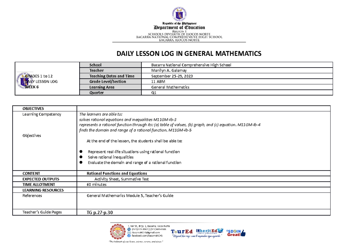 GEN MATH WEEK 6 DLL - DAILY LESSON LOG IN GENERAL MATHEMATICS GRADES 1 to 12 DAILY LESSON LOG ...