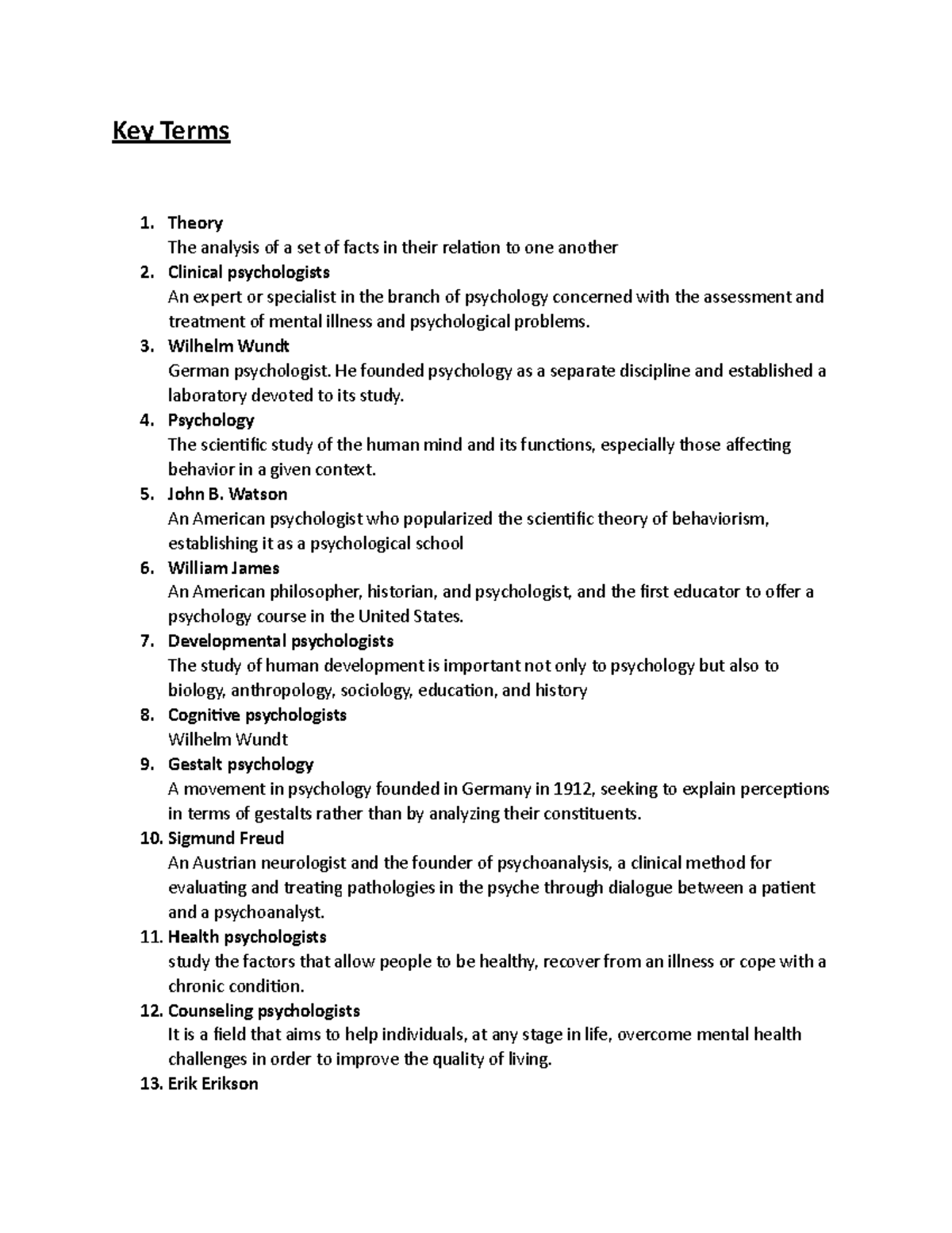 Psychology Key terms for the first test - Key Terms Theory The analysis ...