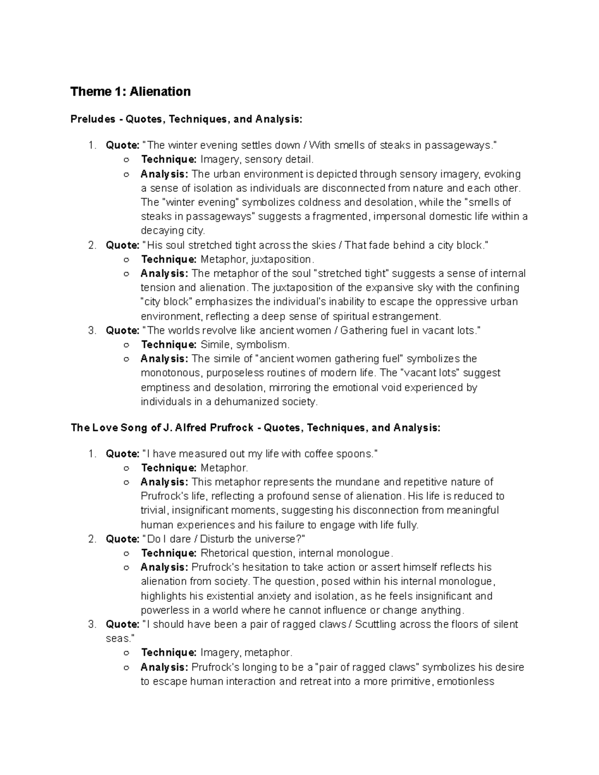 t.s eliot poeams prufrock and preludes - Theme 1: Alienation Preludes ...