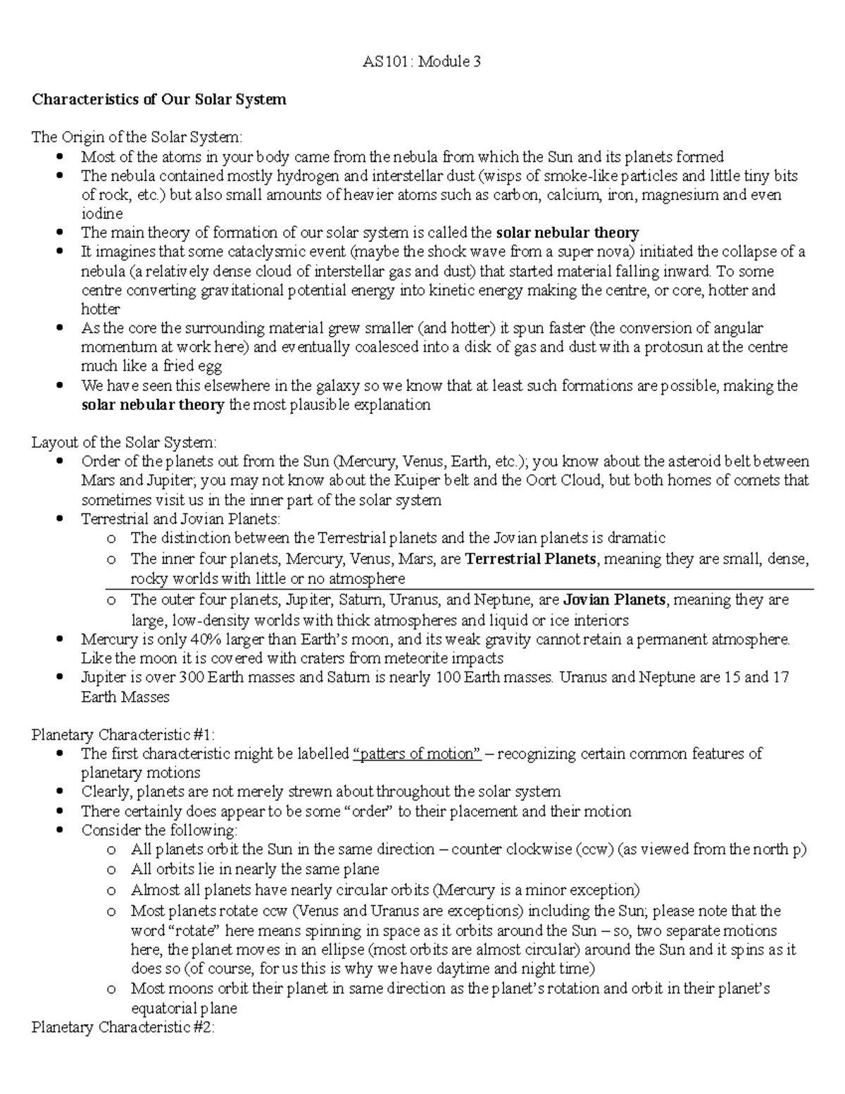 AS101 - Module 3 - Notes - AS101: Module 3 Characteristics of Our Solar ...