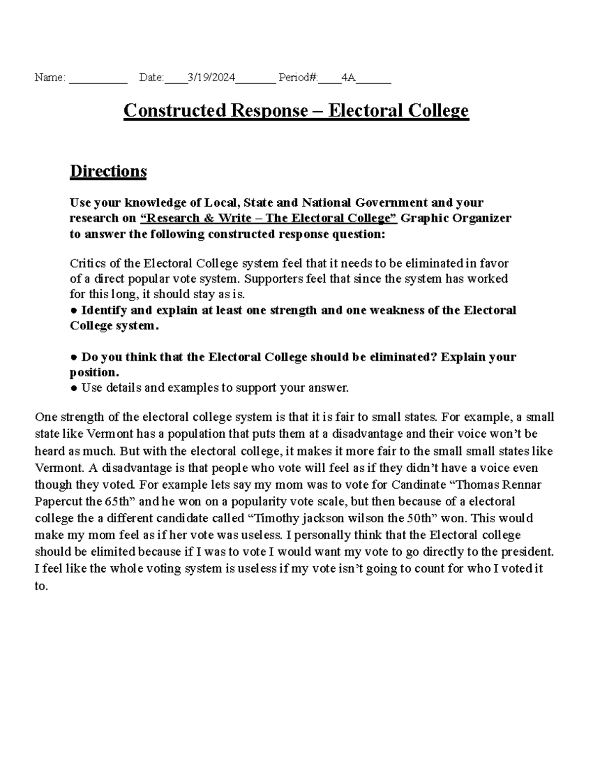 Electoral College - Constructed Response - Name: __________ Date:3/19 ...