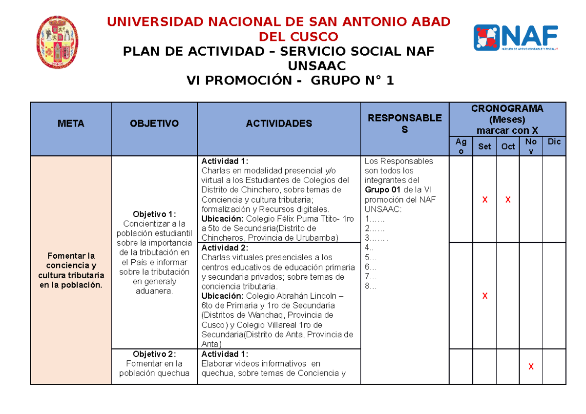 Modelo PARA PLAN DE Actividades - UNIVERSIDAD NACIONAL DE SAN ANTONIO ...