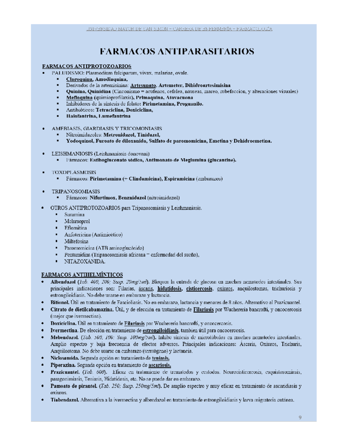 Antiparasitarios - UNIVERSIDAD MAYOR DE SAN SIMON CARRERA DE ENFERMERÍA FARMACOLOGÍA FARMACOS ...