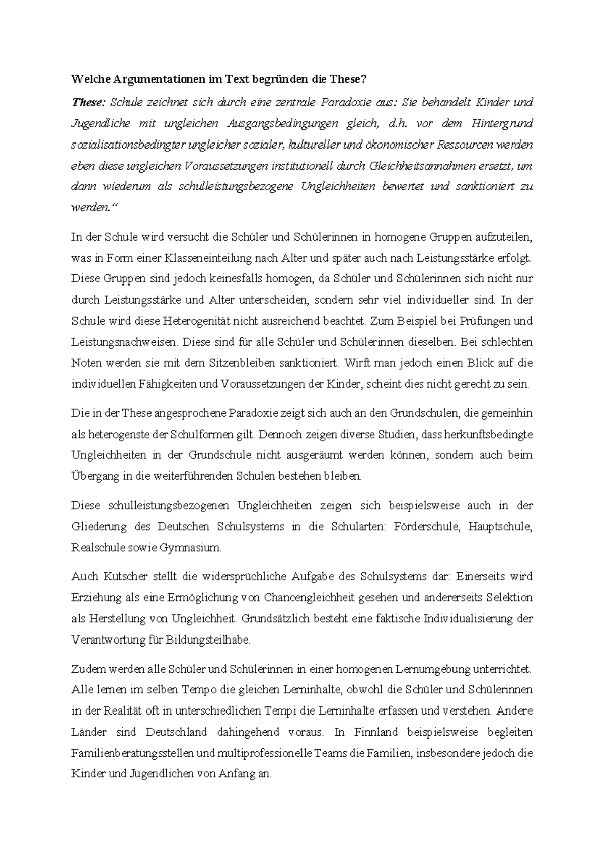 Thesen Schule - Welche Argumentationen im Text begründen die These ...
