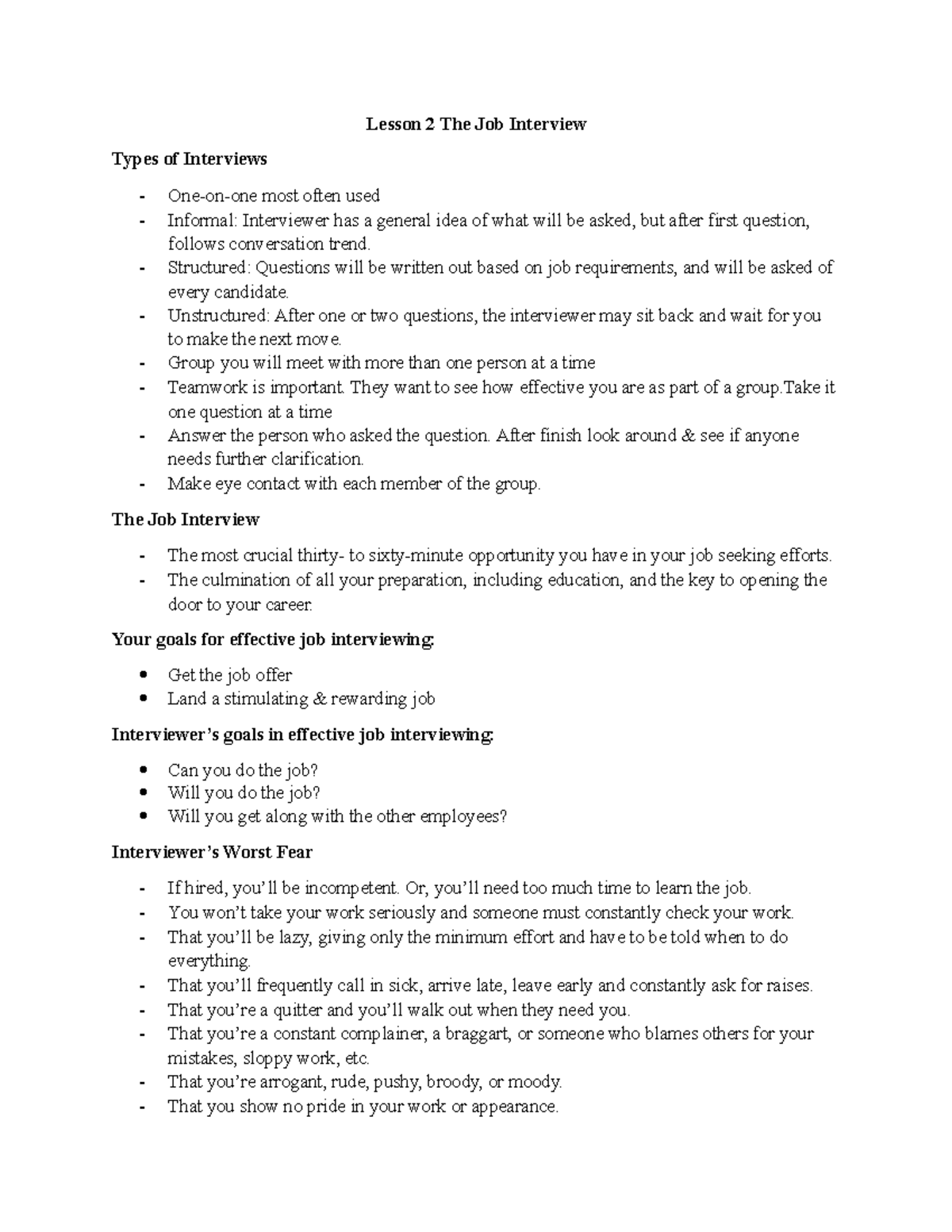 Lesson 2 The Job Interview - Lesson 2 The Job Interview Types of ...