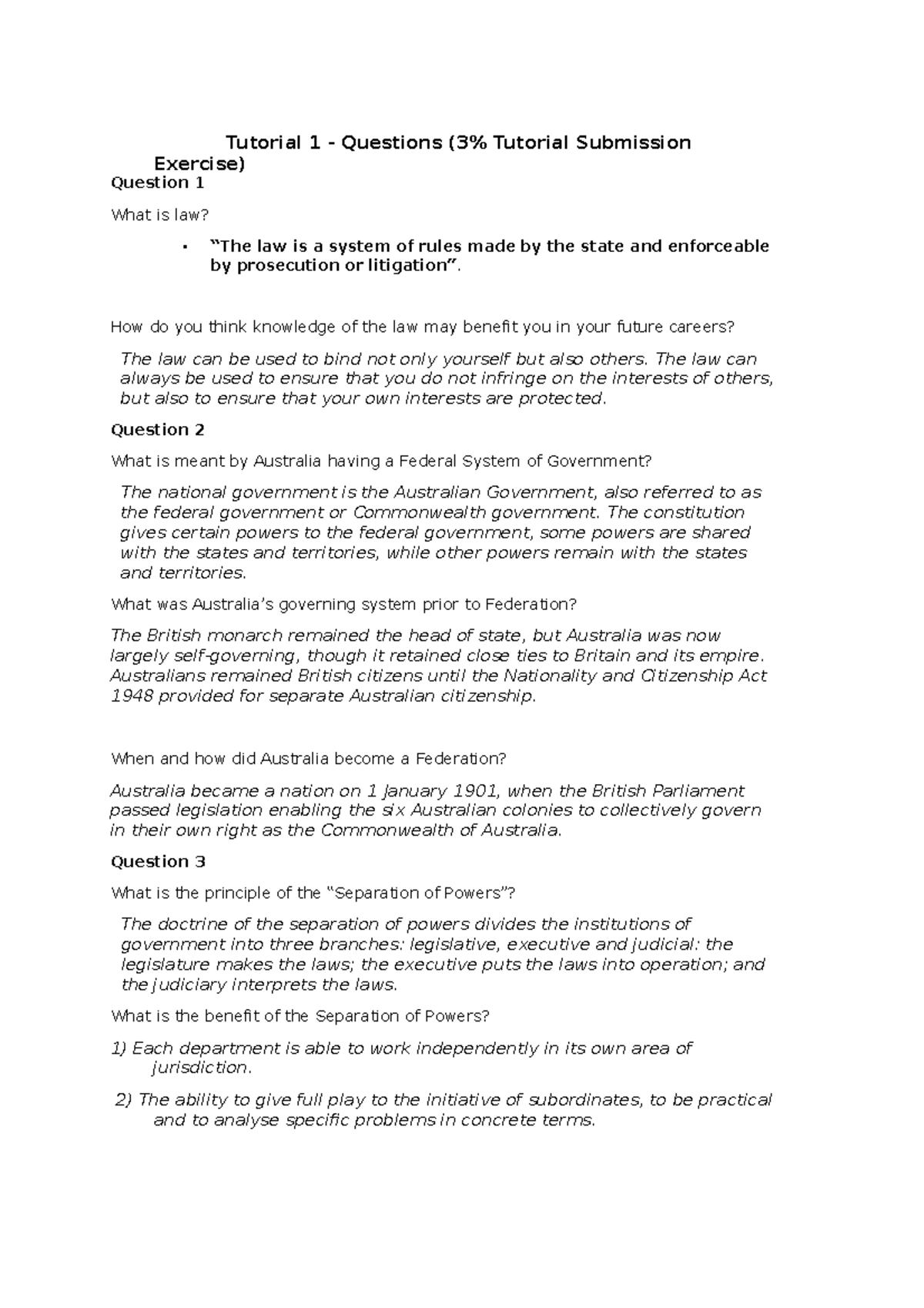 Laws1100 Tutorial 1 Tut 1 Of Business Law Tutorial 1 Questions 3 Tutorial Submission