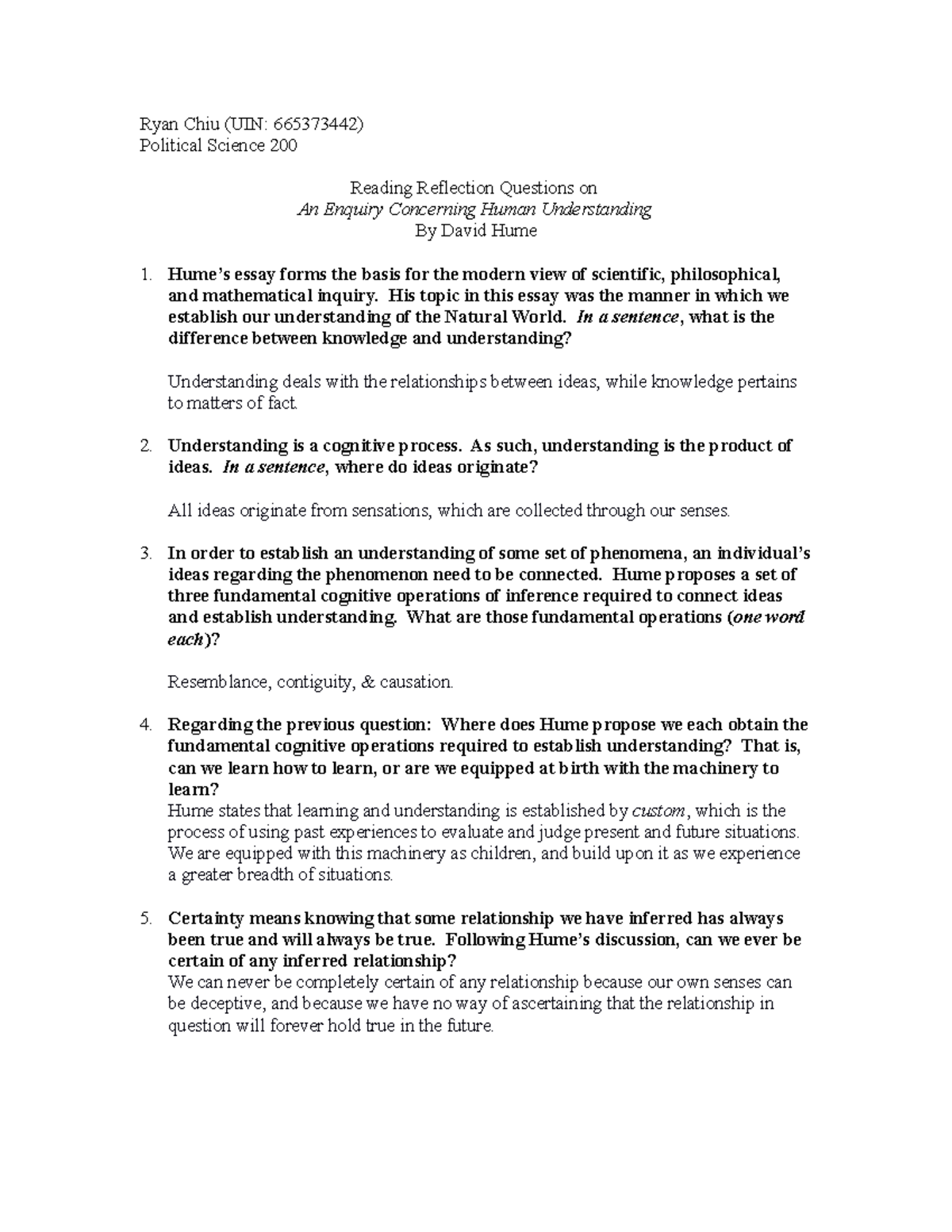 Hume Assignment - Write up on the works of David Hume; for POLS 200 by ...