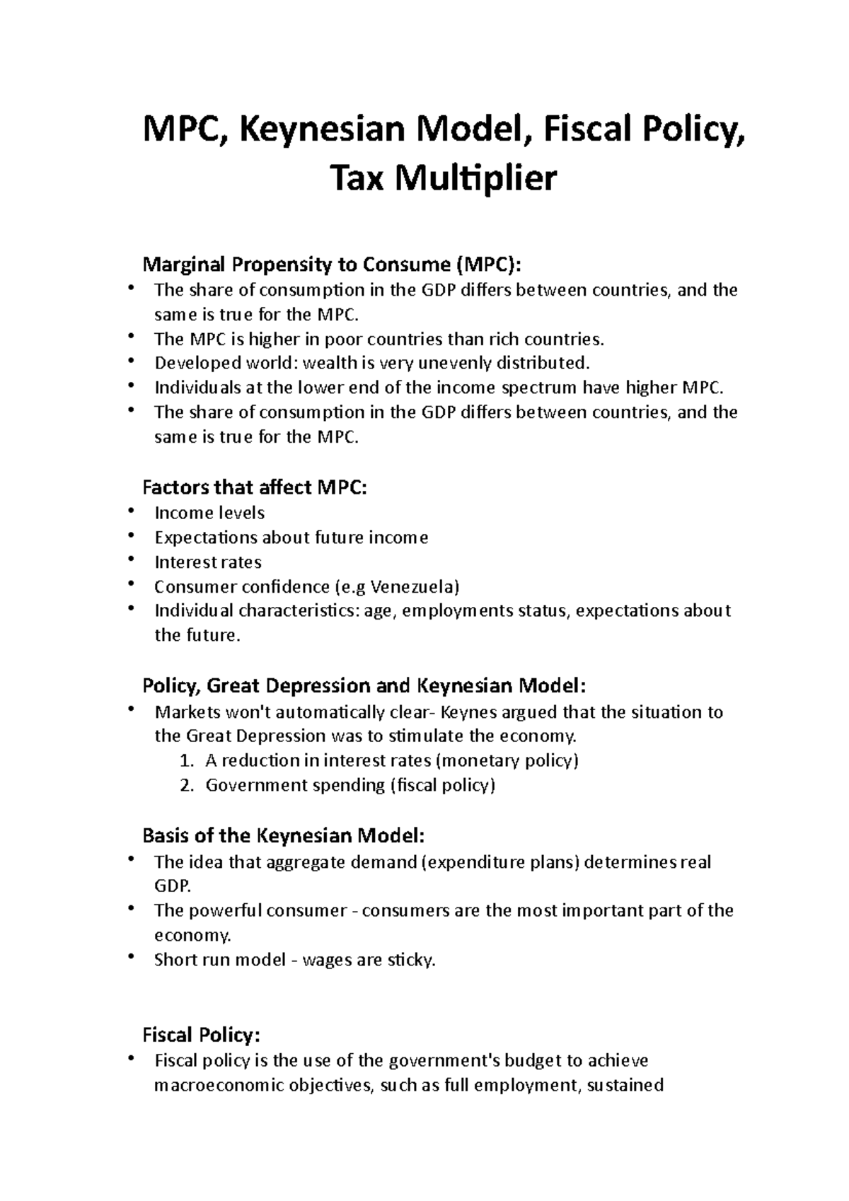 MPC, Fiscal Policy, Tax Multiplier, Keynesian Model - MPC, Keynesian ...