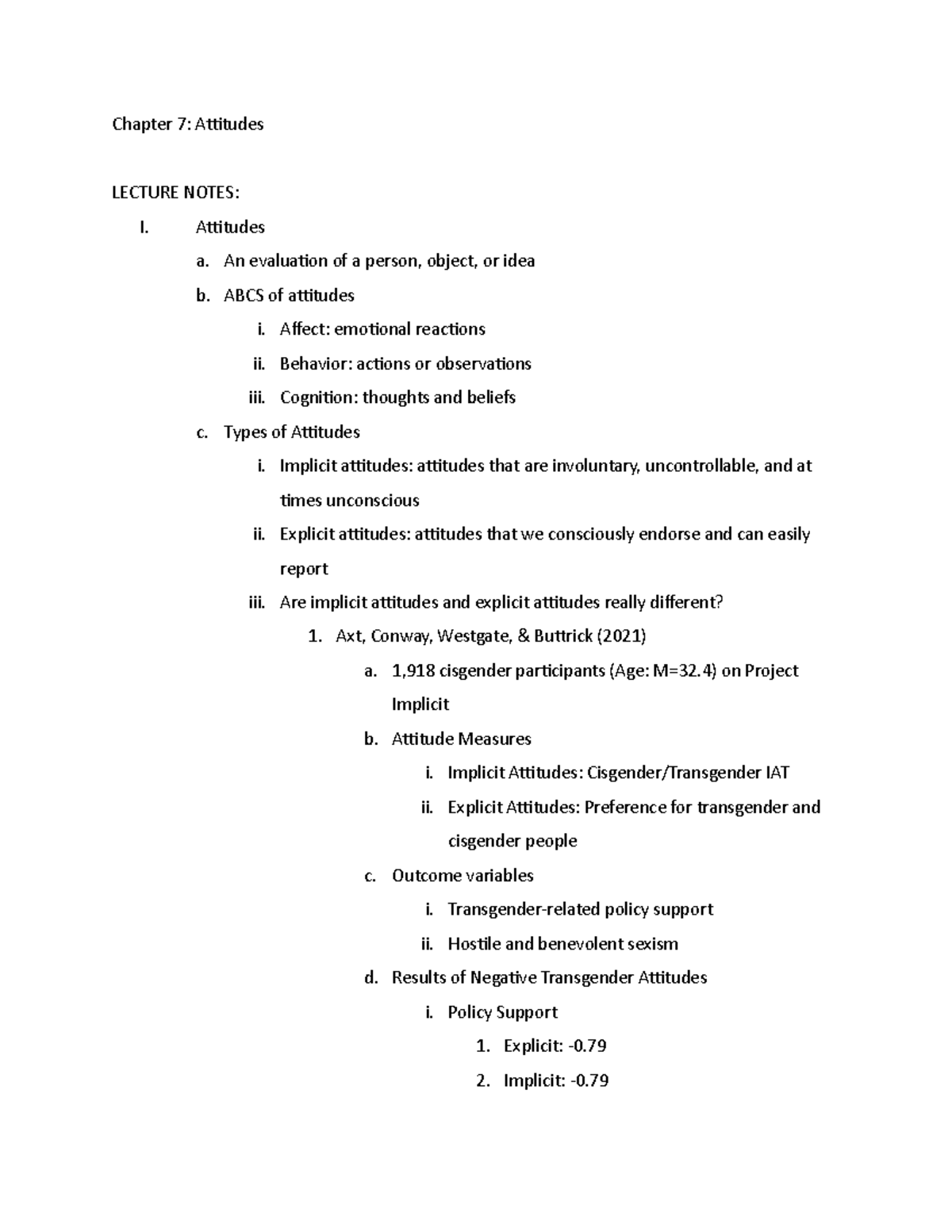 Chapter 7 Lecture Notes - Chapter 7: Attitudes LECTURE NOTES: I ...