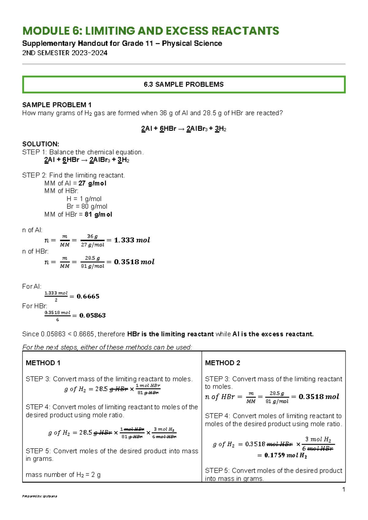 G11 Physical Science - Module 6 Handout #2 - MODULE 6: LIMITING AND EXCESS REACTANTS ...