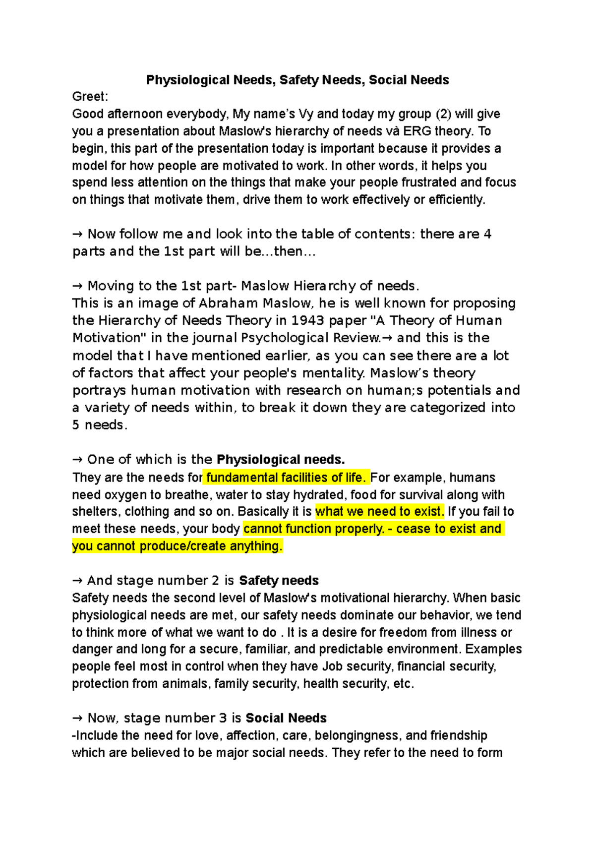 (QTH)Physiological Needs, Safety Needs, Social Needs - Physiological ...