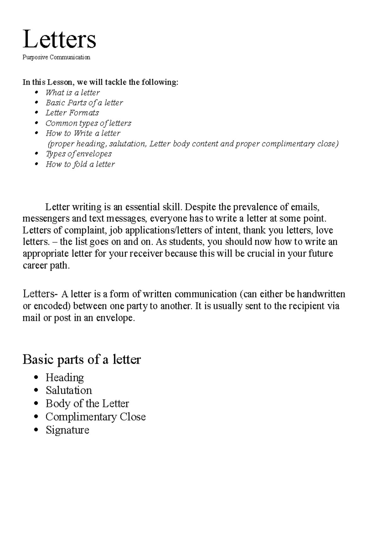 Letters part 1 - Basic parts of a letter - Letters Purposive ...