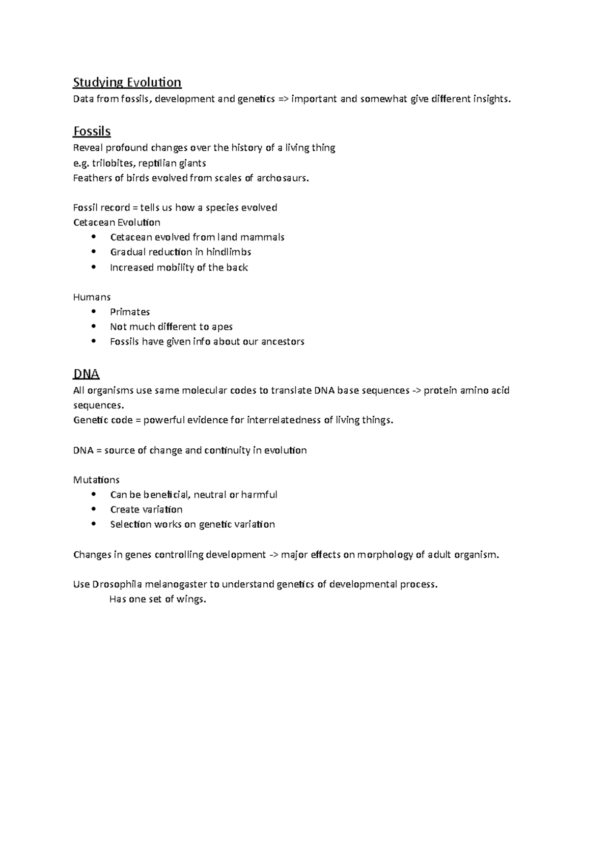 Studying Evolution - Lecture notes Notes - Studying Evolution Data from ...