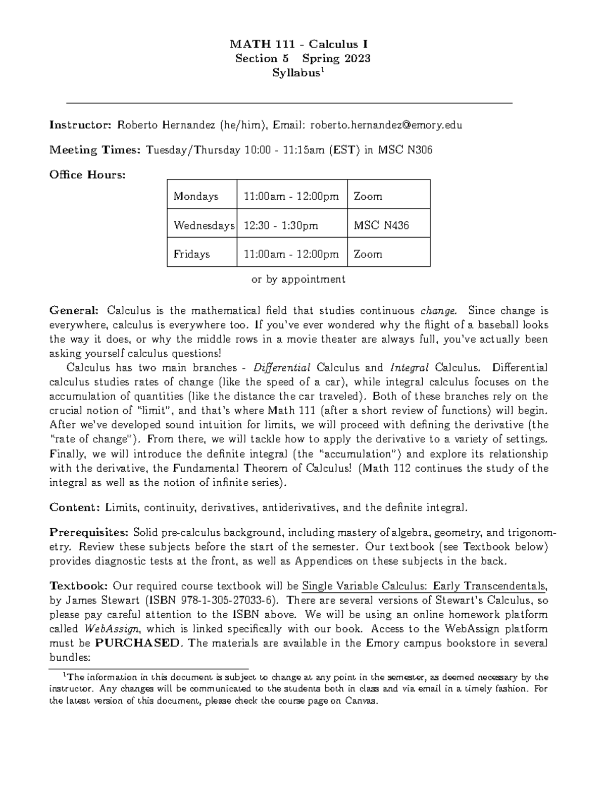 Spring 2023 Calc 1 Syllabus - MATH 111 - Calculus I Section 5 Spring ...