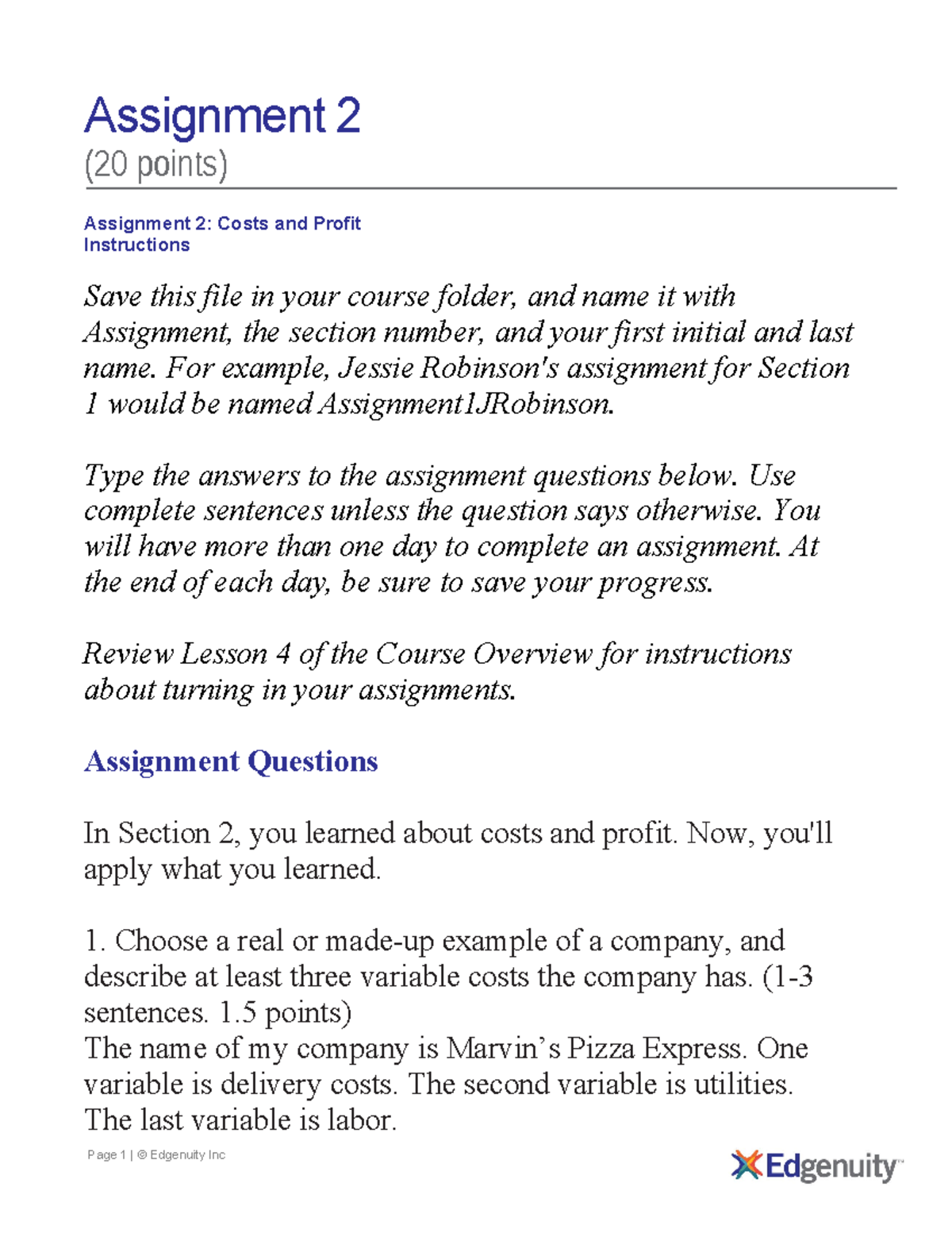 Assignment 2 - EL5732 - Assignment 2 (20 points) Assignment 2: Costs ...