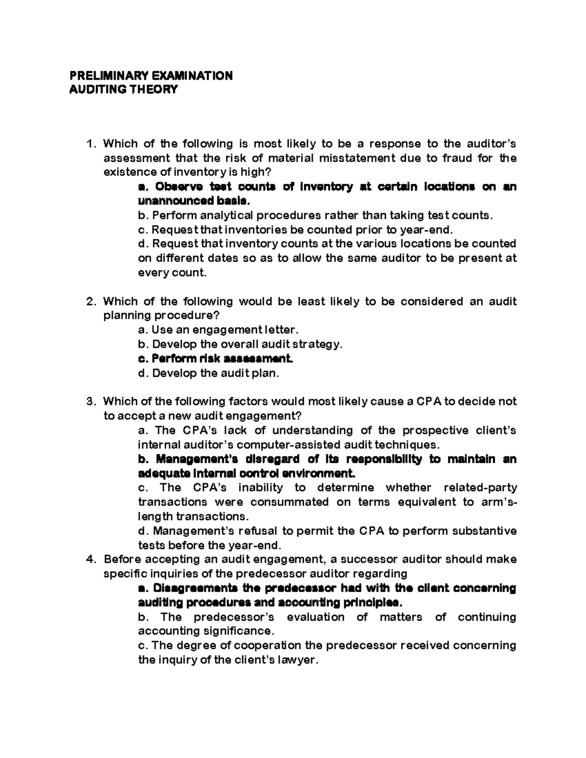 Auditing Theory - PRELIMINARY EXAMINATION AUDITING THEORY Which of the ...