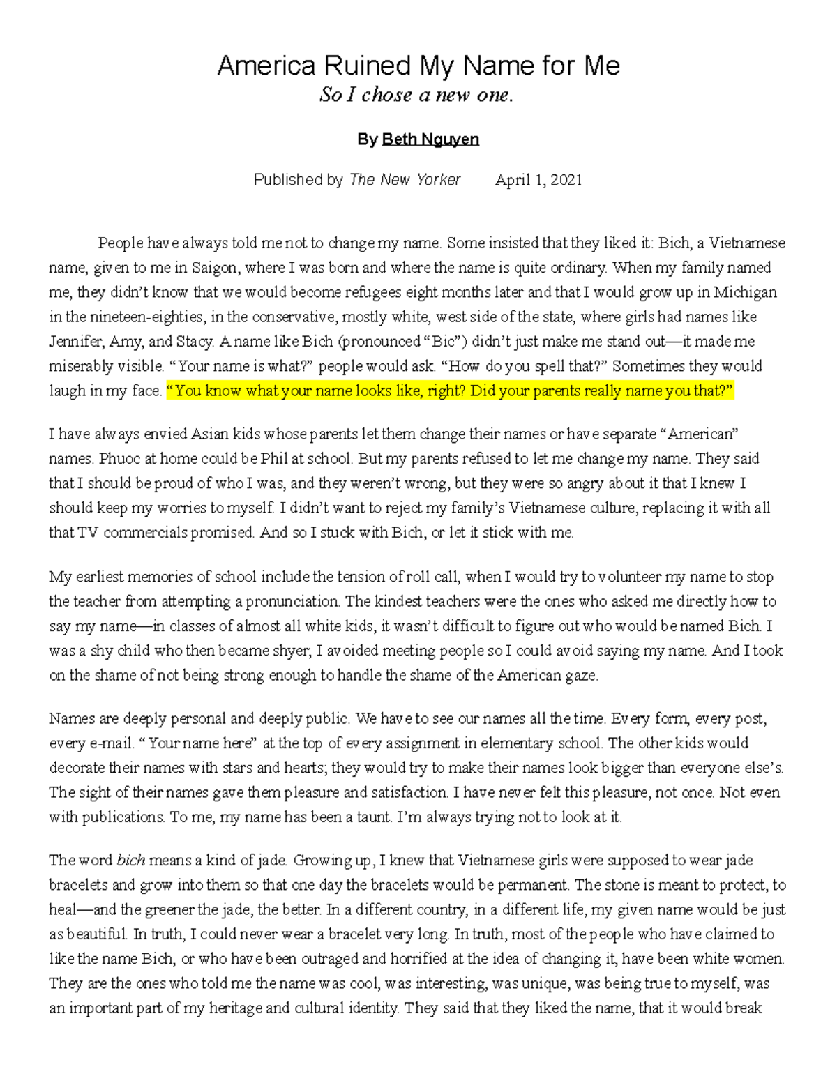 "America Ruined my Name" Essay - America Ruined My Name for Me So I ...