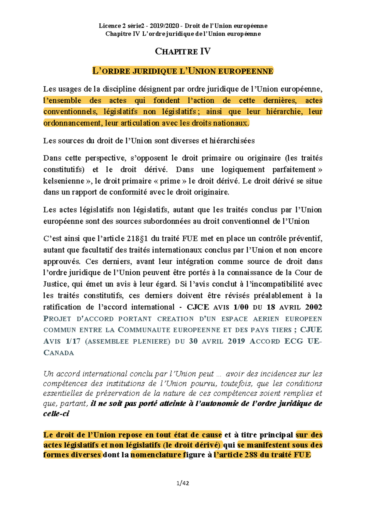 Chapitre 4 Droit de l UE - cours due - Chapitre IV L’ordre juridique de ...