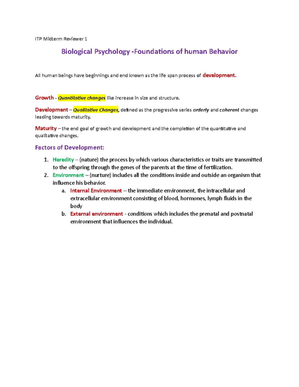 ITP Midterm Reviewer 1 Biological Psychology - Growth - Quantitative changes like increase in ...
