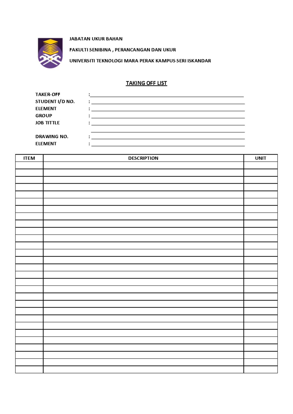 Taking OFF LIST - Measurement TOL - JABATAN UKUR BAHAN FAKULTI SENIBINA ...