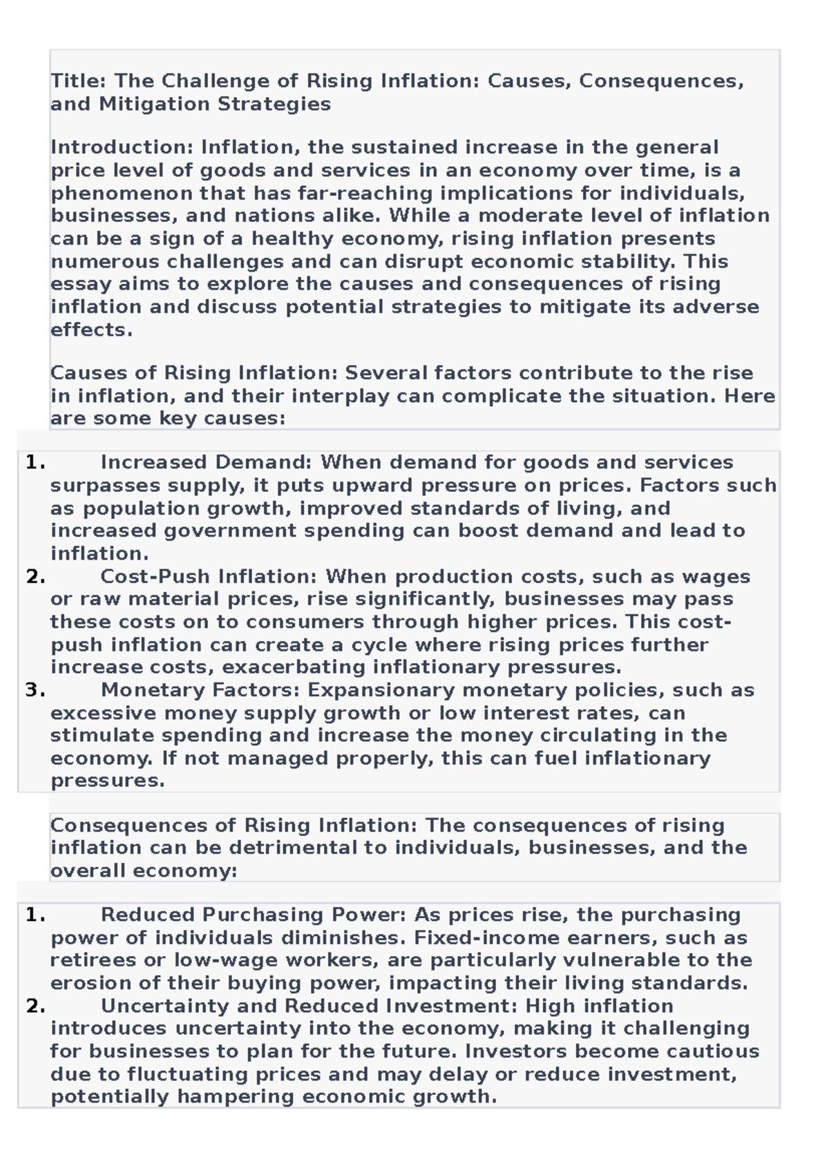 The Challenge of Rising Inflation - While a moderate level of inflation ...