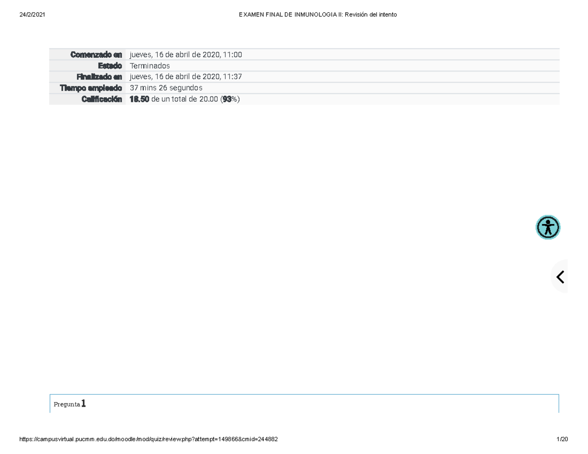 Examen Final DE Inmunologia II - Comenzado en jueves, 16 de abril de 2020, 11: Estado Terminados ...