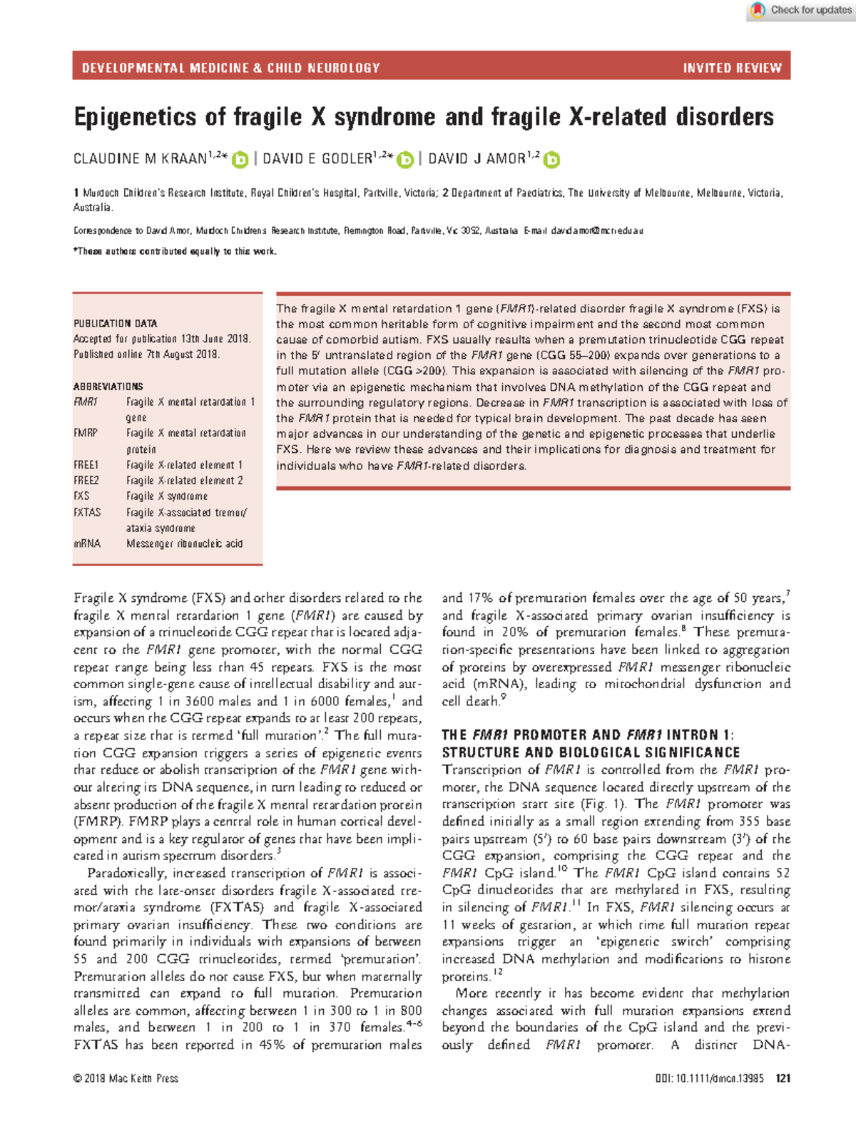 Epigenetics of fagrile X syndrome and fragile X-related disorders ...