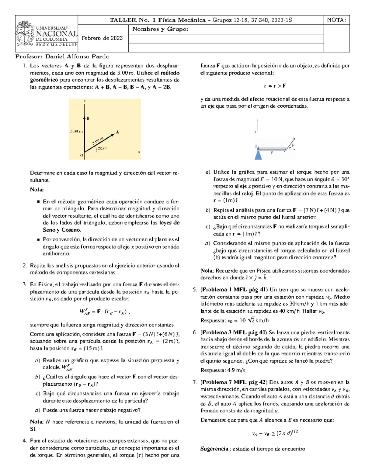 T1 F1 2023 1S - djadj - TALLER No. 1 F ́ısica Mec ́anica – Grupos 13-16 ...