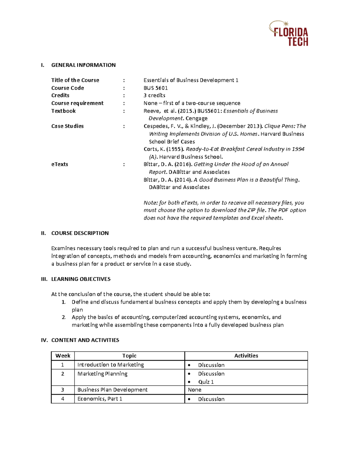Syllabus for BUS 5601 Essentials of Business Development 1 - I. GENERAL ...