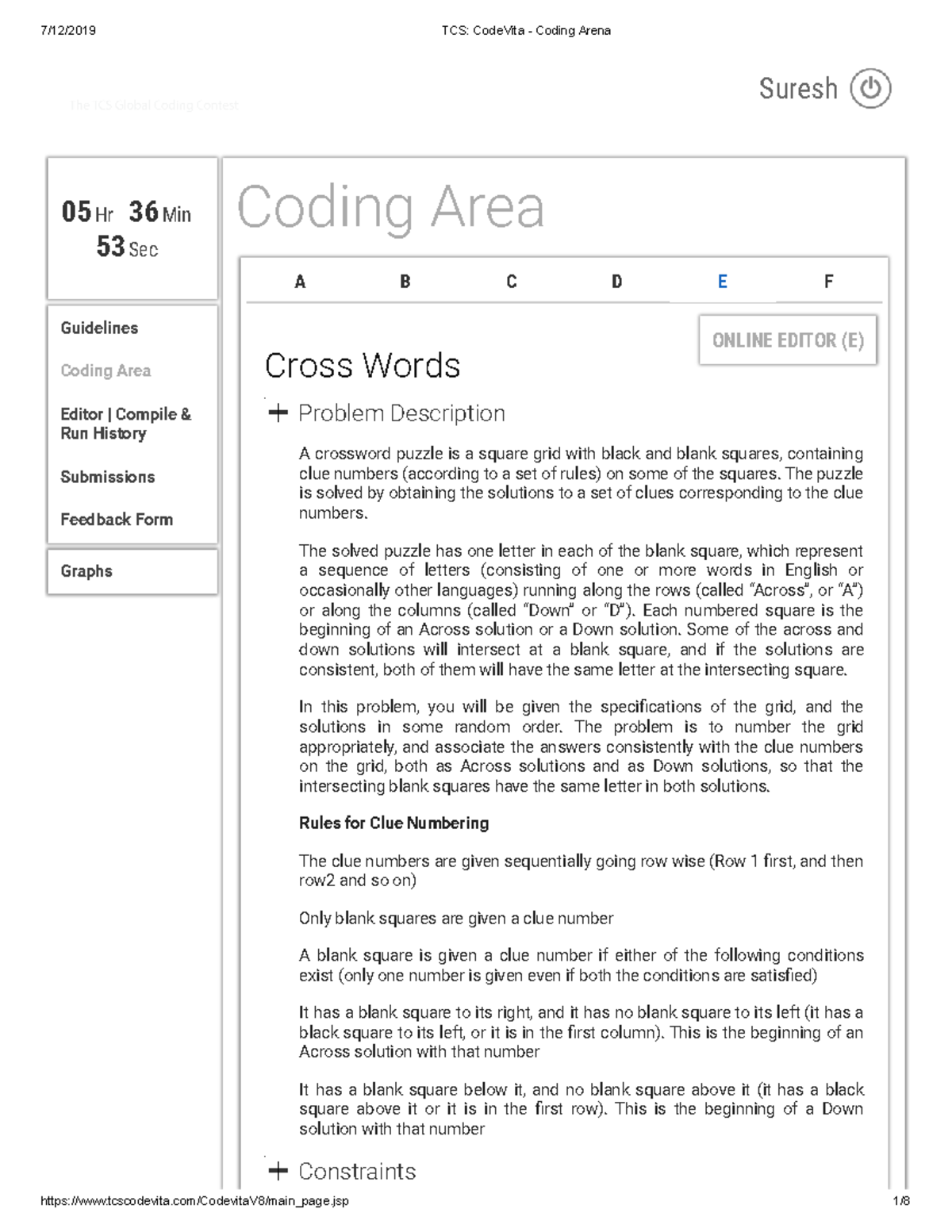 Aptitude ques and solutions - Suresh Coding Area A B C D E F Cross Words Problem Description A ...