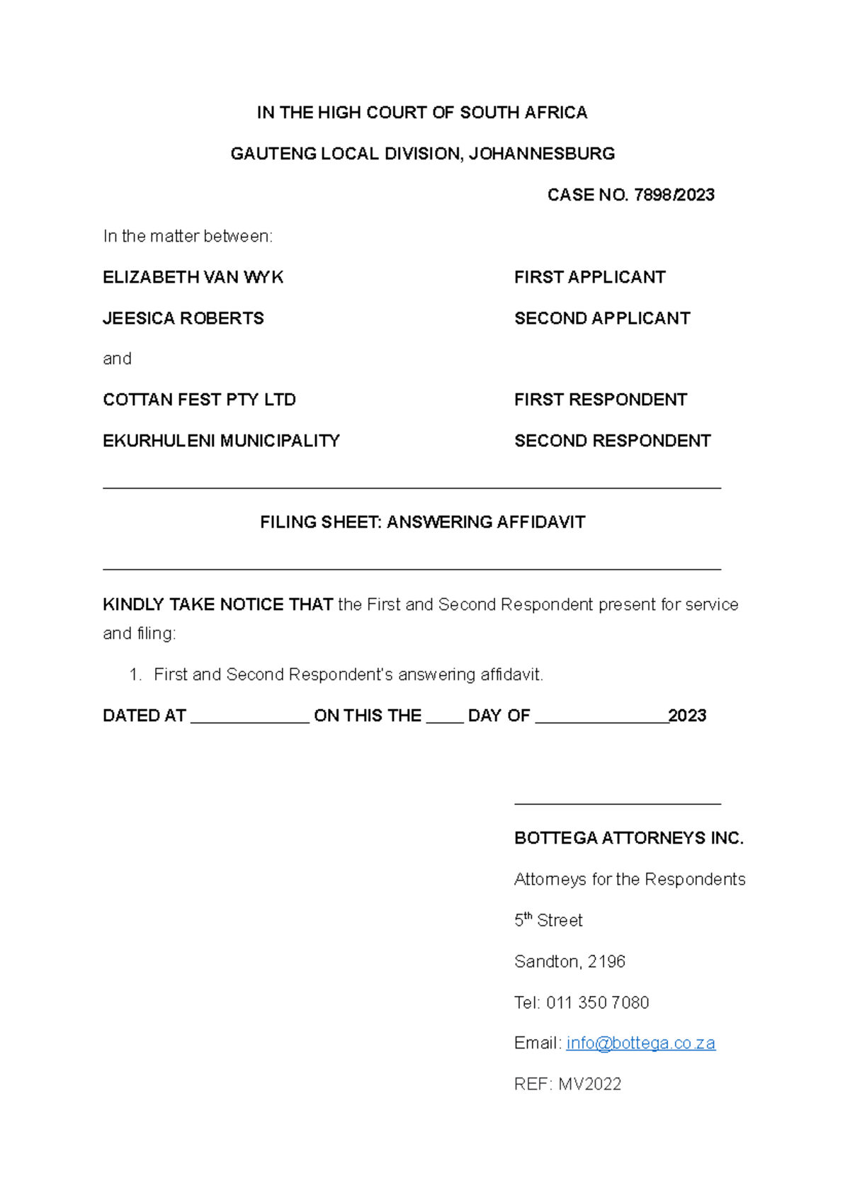 Notice of intention to oppose and answering affidavit - IN THE HIGH ...