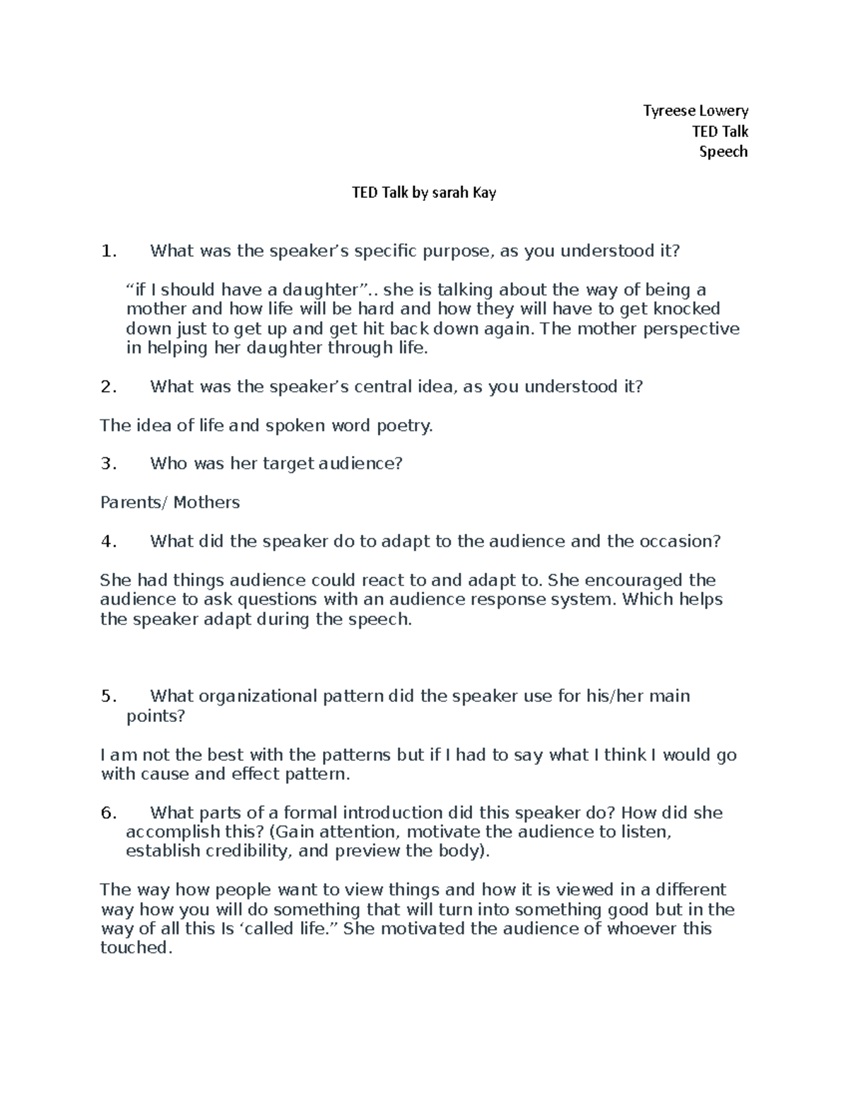 Ted talk - ted talk - Tyreese Lowery TED Talk Speech TED Talk by sarah ...