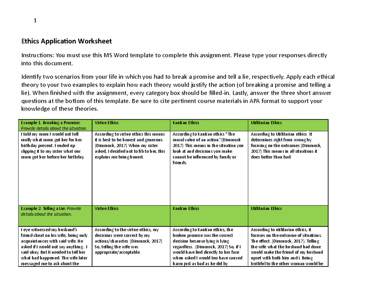 Ethics Application Worksheet Template - 1 Ethics Application Worksheet ...
