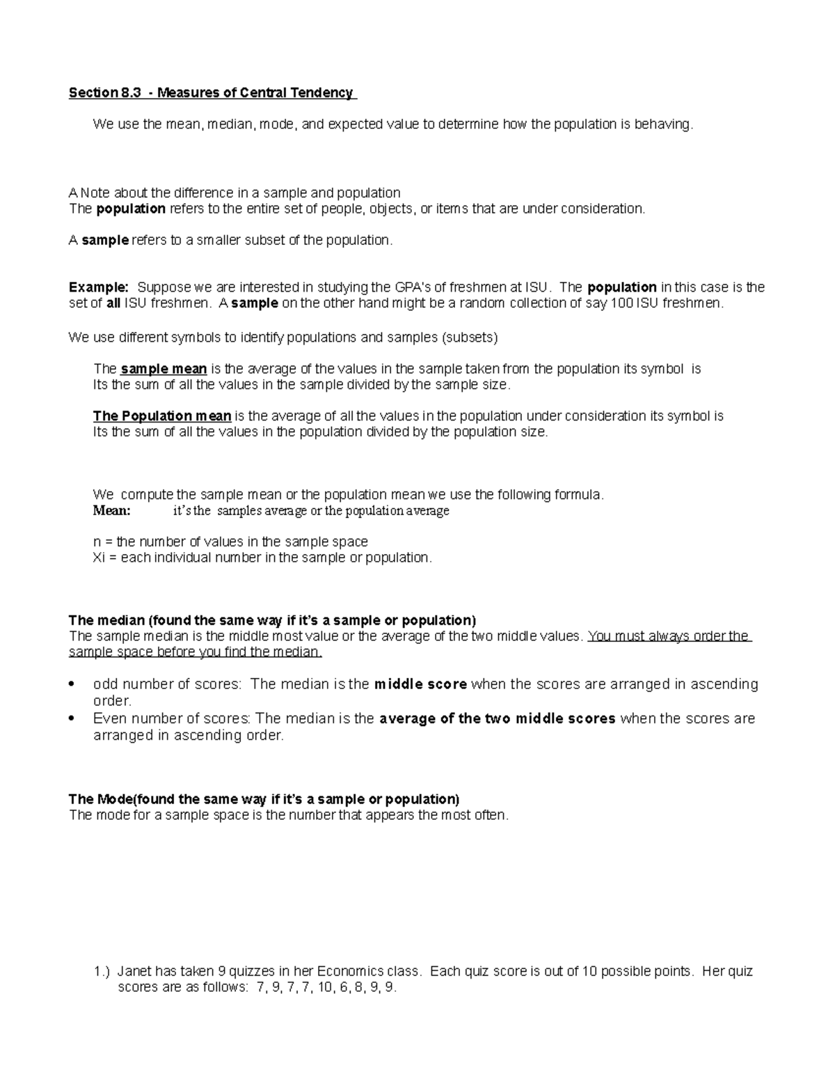 8.3 notes-completed student notes - Section 8 - Measures of Central ...
