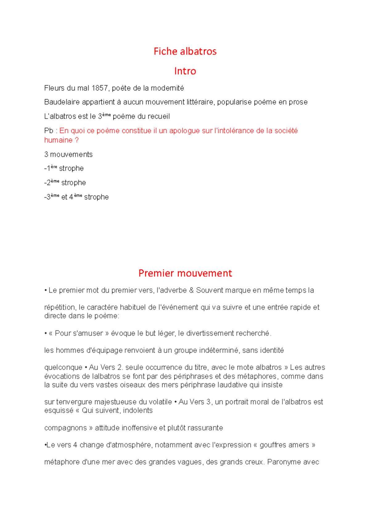 Fiche albatros - Analyse linéaire - Fiche albatros Intro Fleurs du mal ...