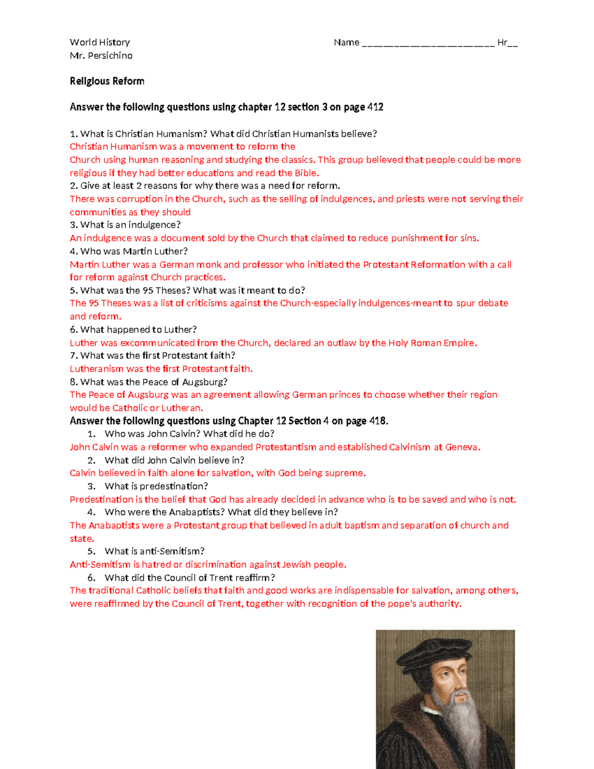 Religion Reform questions - World History Name ...