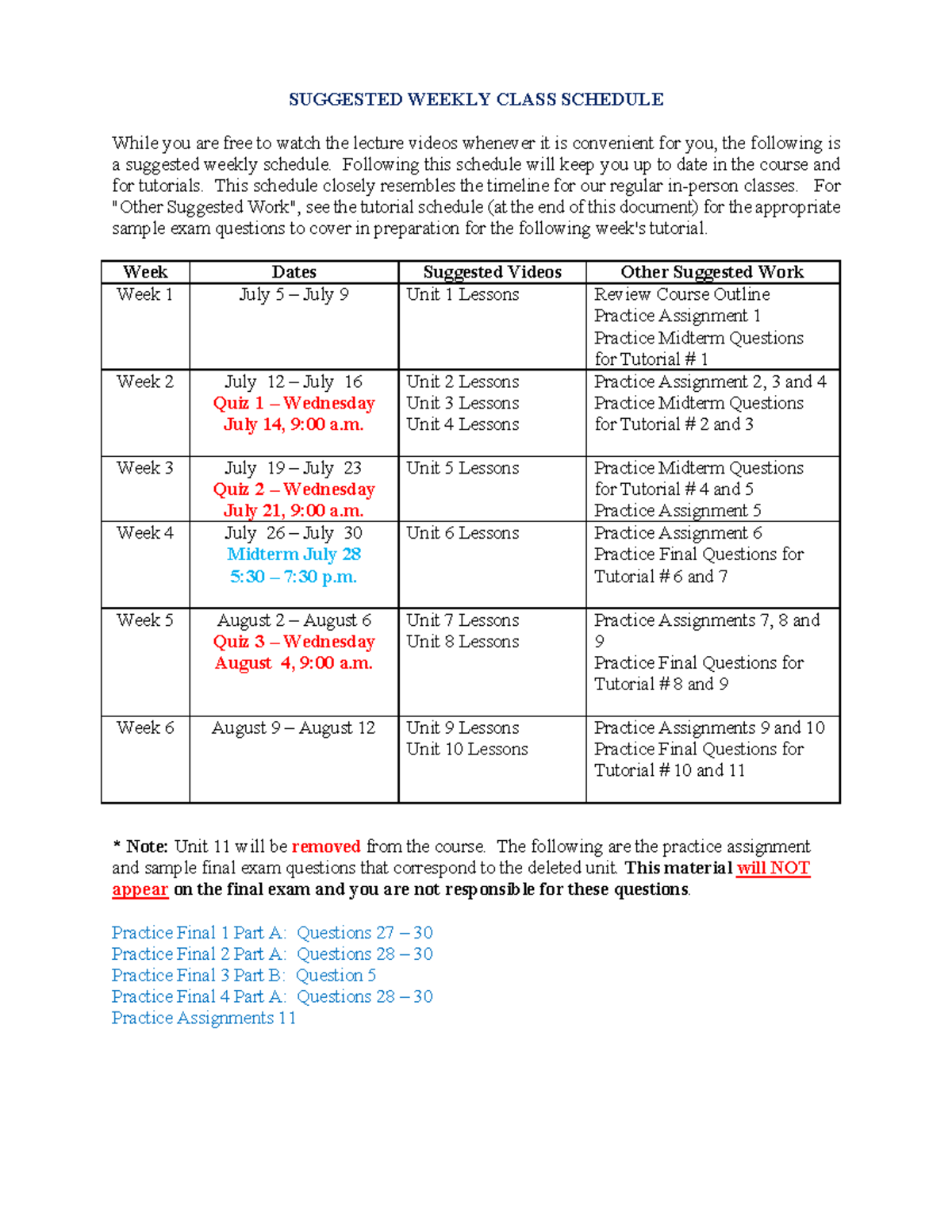 Class & Tutorial Schedule 2021- Summer -ZENY - SUGGESTED WEEKLY CLASS ...