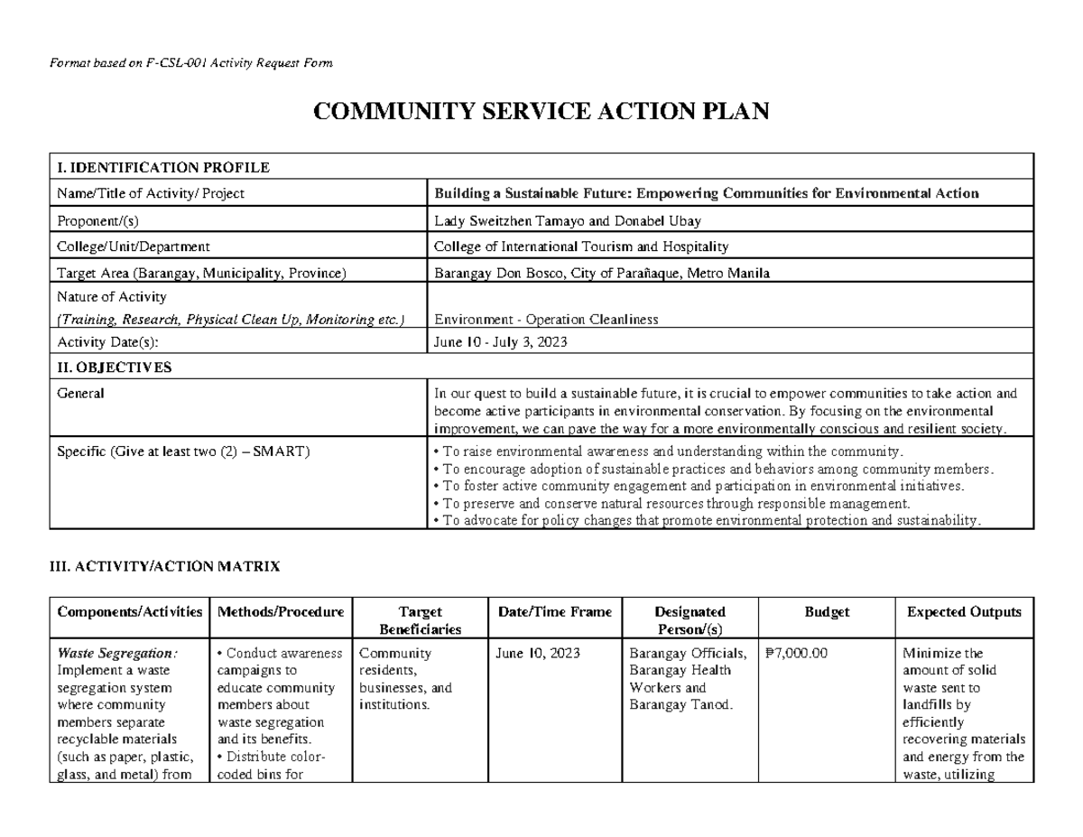 Tamayo UBAY NSTP Action PLAN - Format based on F-CSL- 001 Activity ...