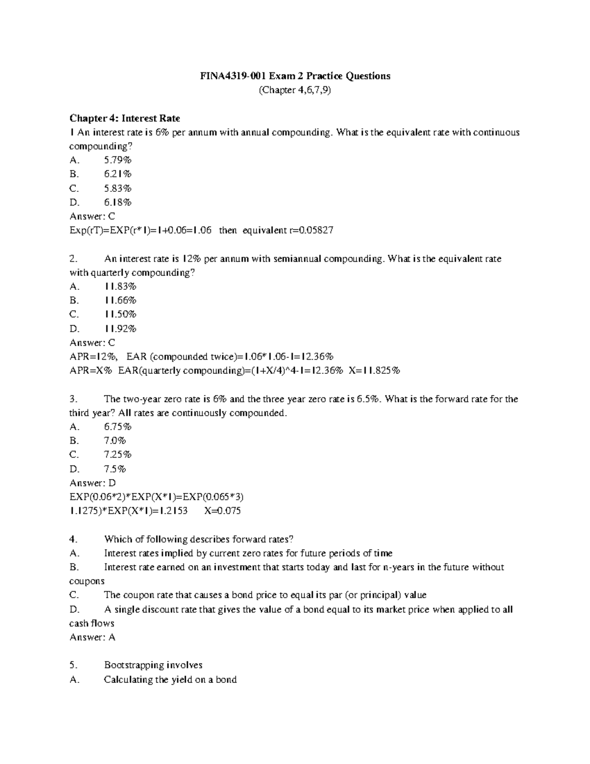 FINA4319 Exam 2 practice questions - FINA4319-001 Exam 2 Practice Questions (Chapter 4,6,7,9 ...