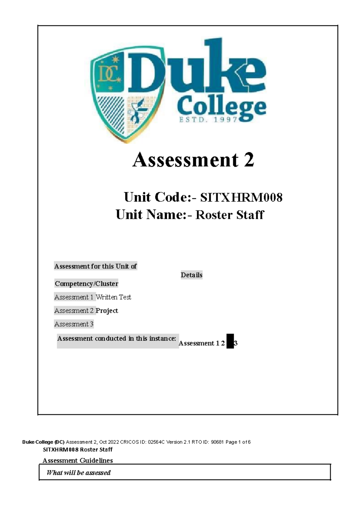 Sitxhrm 008 Roster staff A2 Project - Assessment 2 Unit Code:- SITXHRM ...