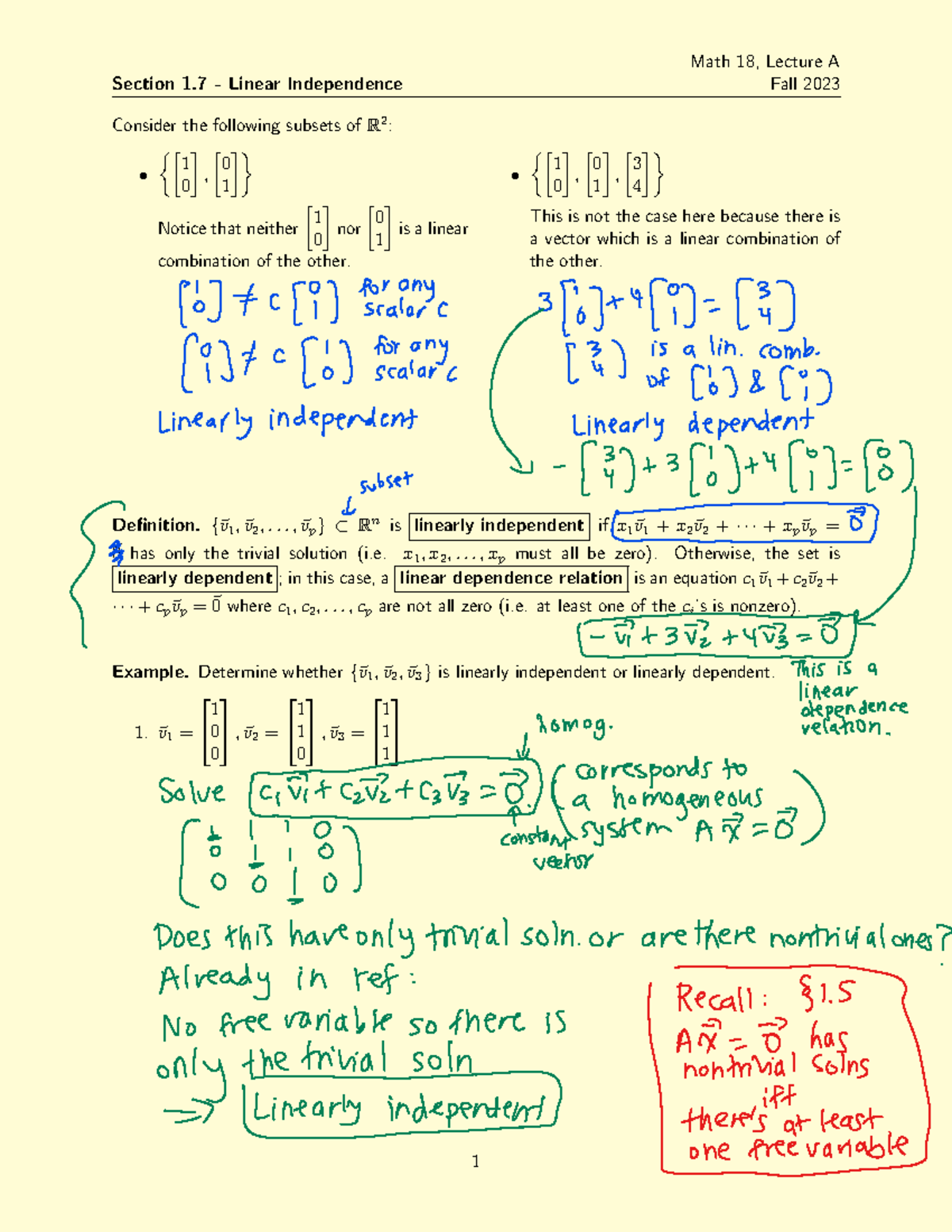 Section 1 - notes - Section 1 - Linear Independence Math 18, Lecture A ...