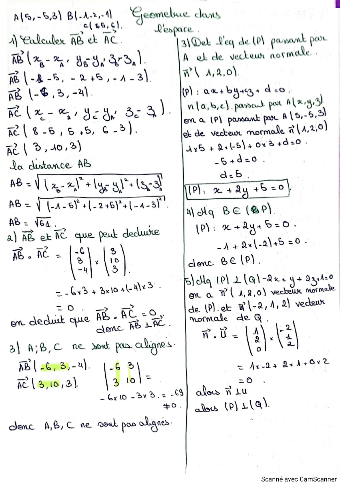 Math 2bac resume - A15,-5,3) B1-1,-2,-1) Geomebue dans c(x6,6) l'espace ...