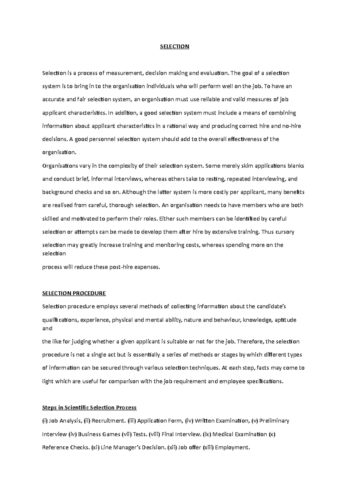 Hrm 4 - Summary note - SELECTION Selection is a process of measurement ...