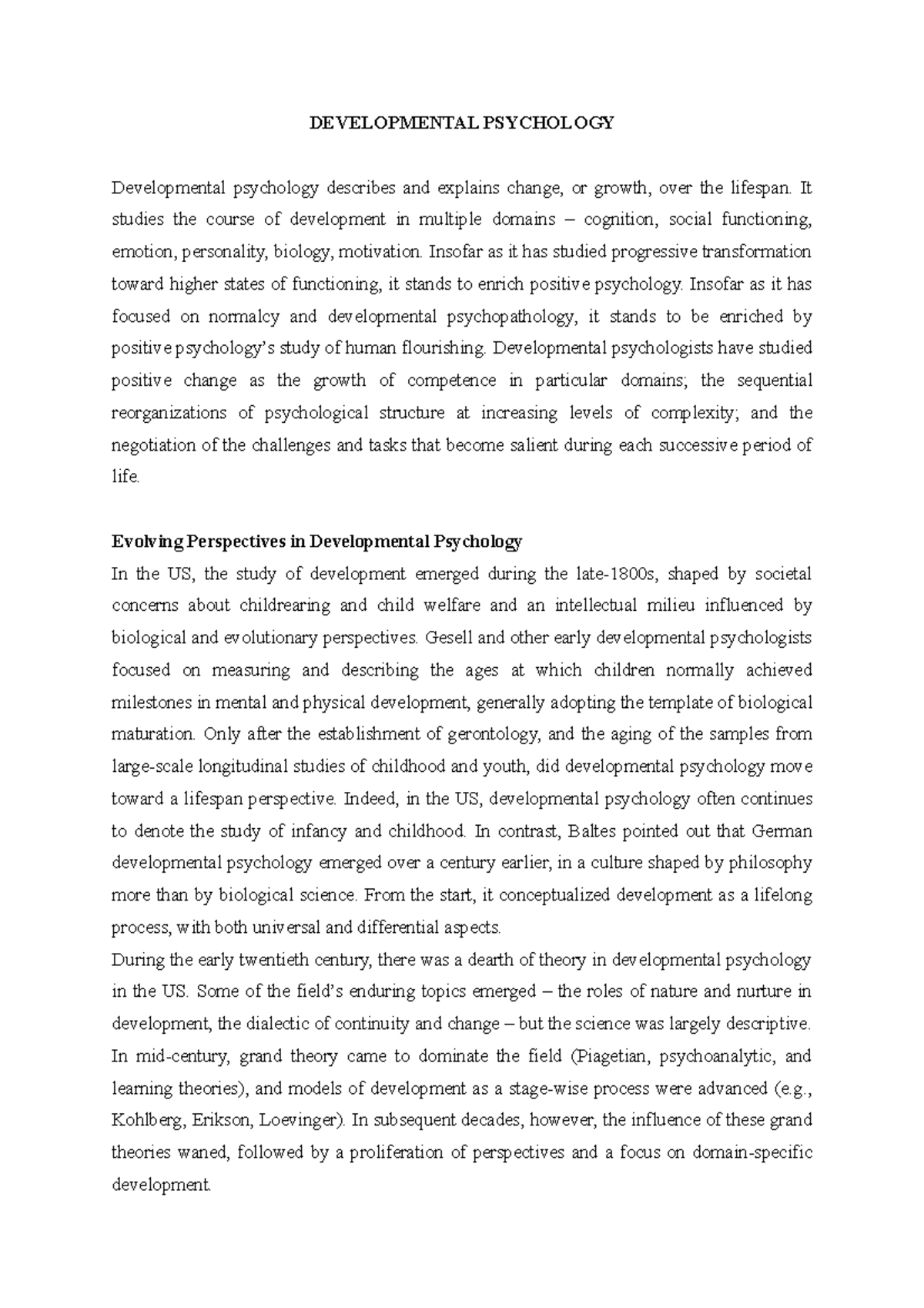 Developmental Psychology - DEVELOPMENTAL PSYCHOLOGY Developmental ...