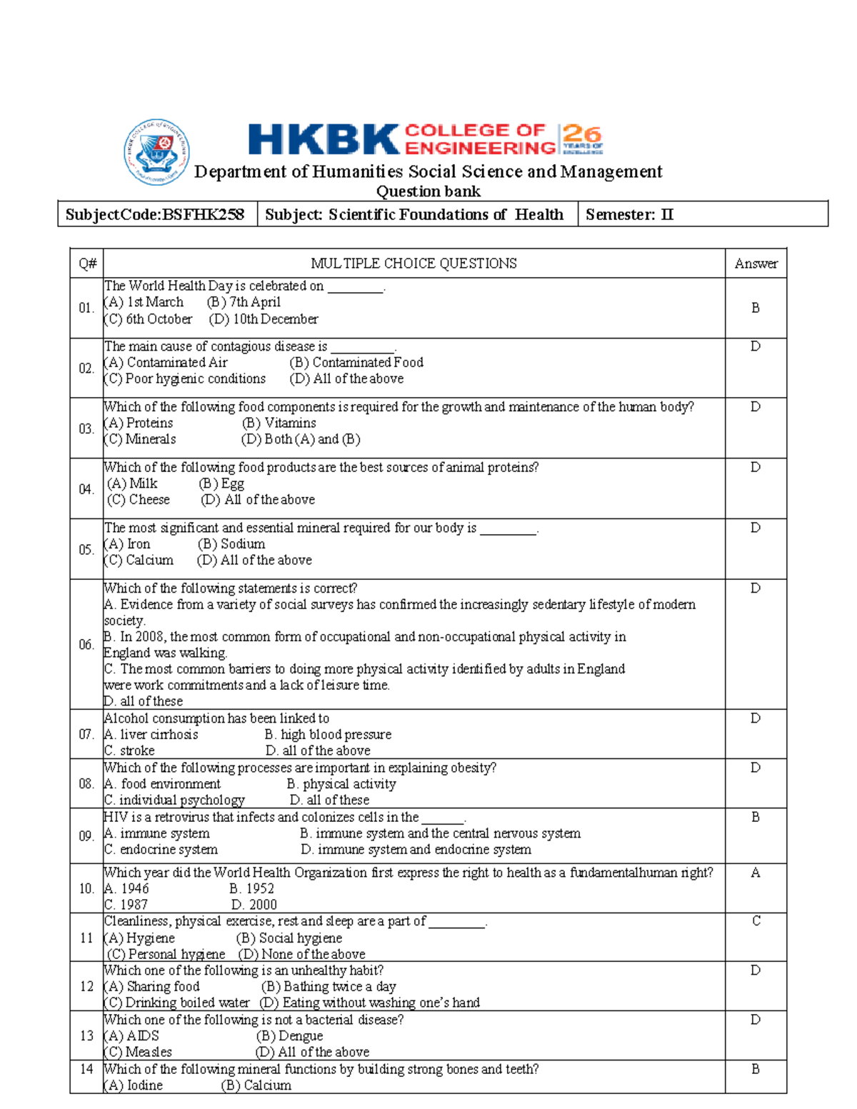 Question Bank SFH - Nnhhkjhjj uuh - Department of Humanities Social ...