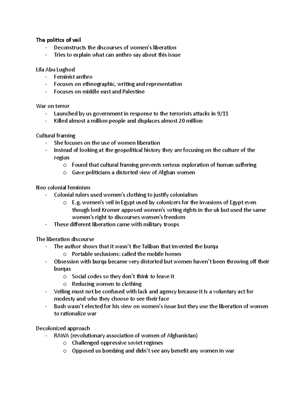 Anthro Lecture 2 Week 2 - the politics of veil, neo colonialism, and ...