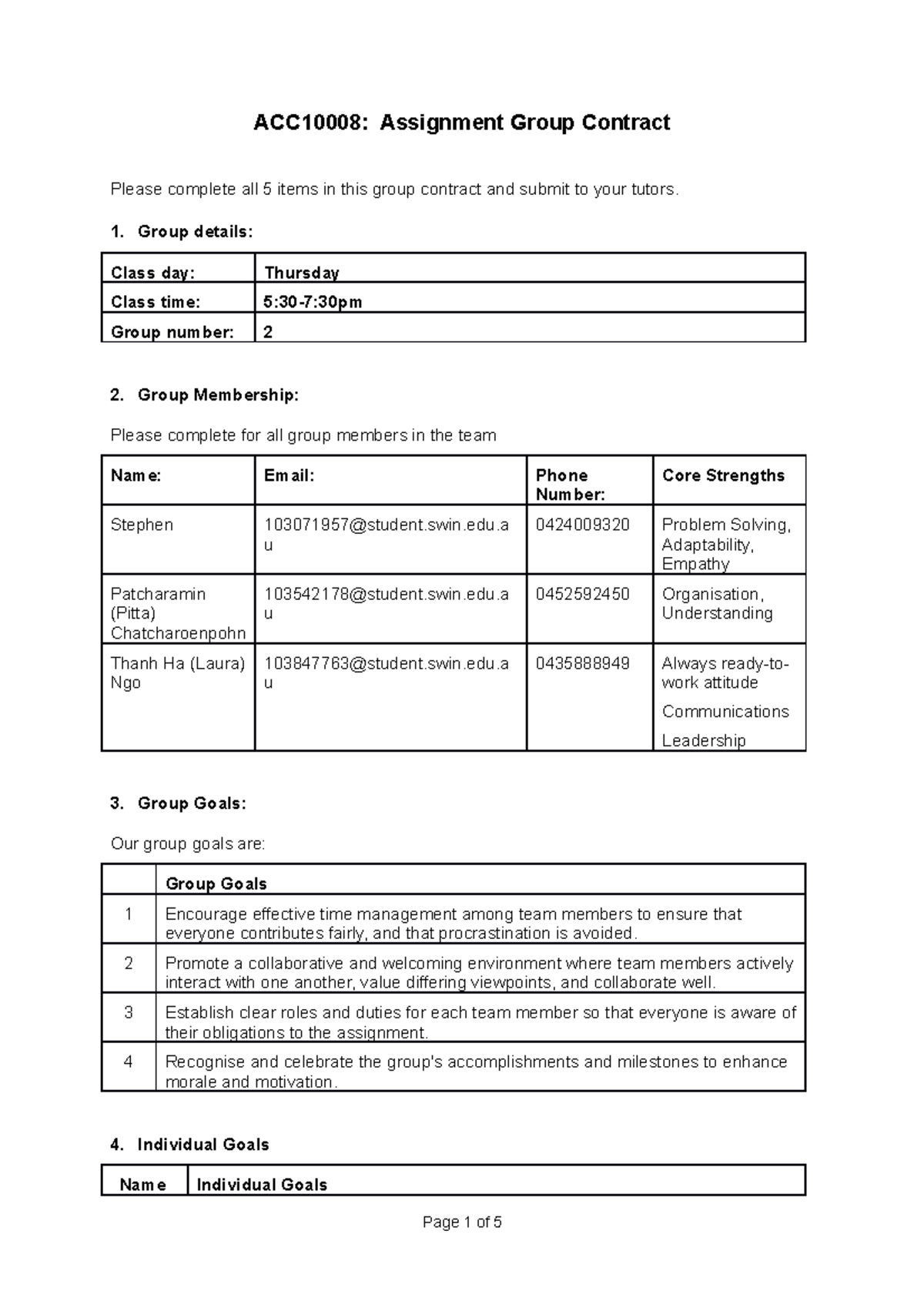 Group contract - 1. Group details: Class day: Thursday Class time: 5:30 ...