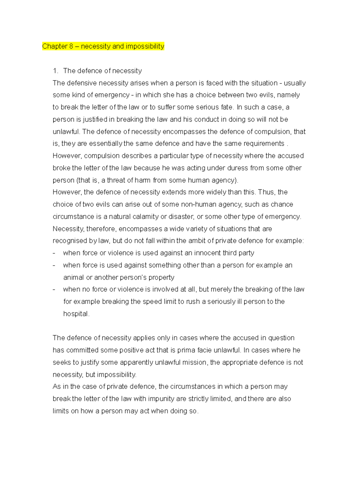 Chapter 8 - Chapter 8 – necessity and impossibility The defence of ...