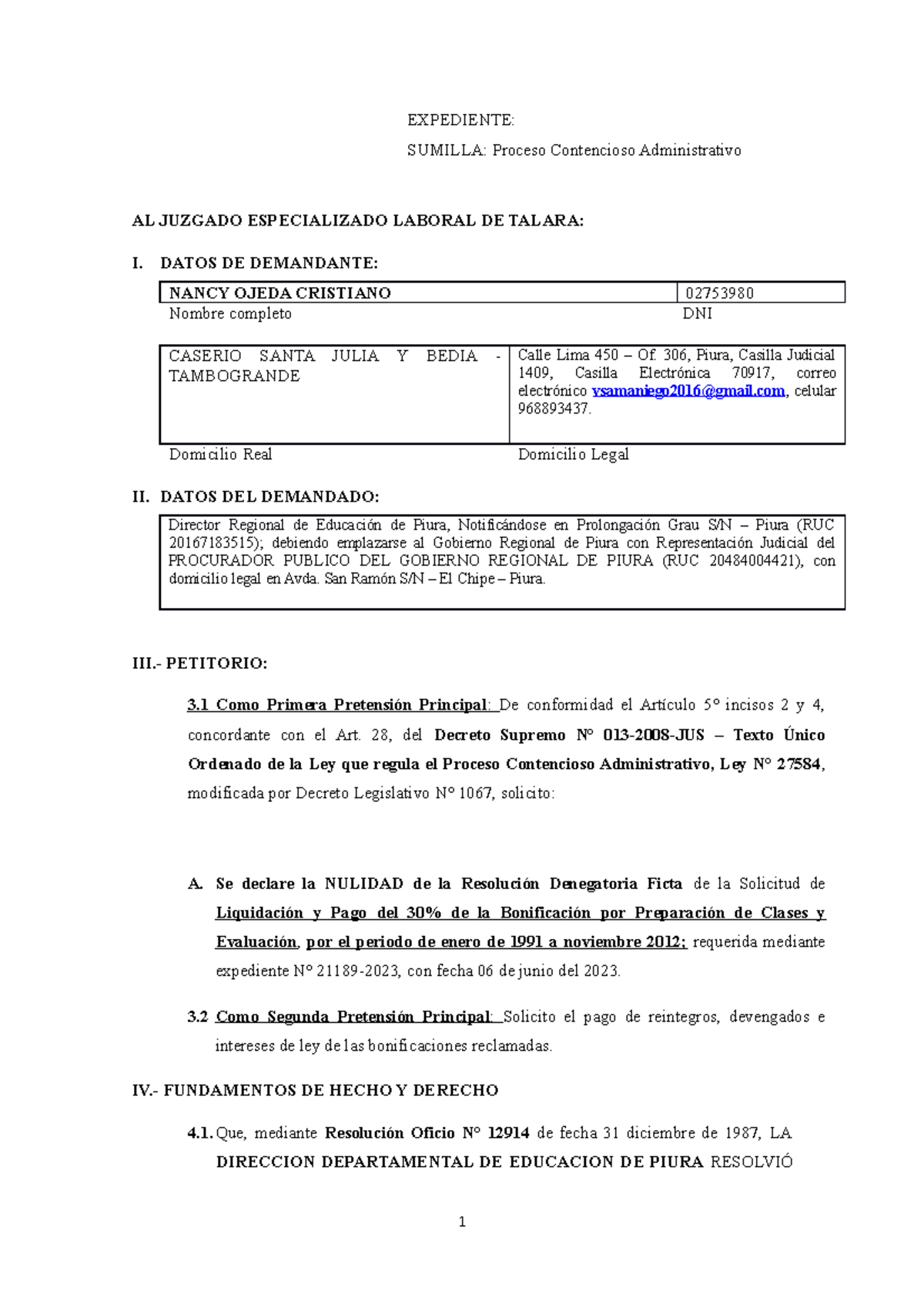 Demanda 30% - Nancy Ojeda Cristiano - EXPEDIENTE: SUMILLA: Proceso ...